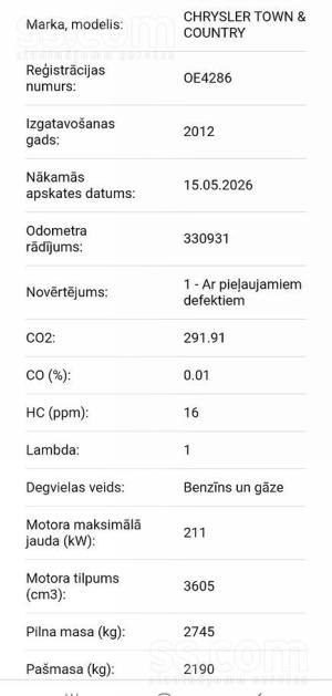 Chrysler town-&-country 2012 in Riga, with an engine capacity of 3.60 L and mileage of 331 thousand km for 5100 €, photo 34 on AUTOMOTO.COM.LV