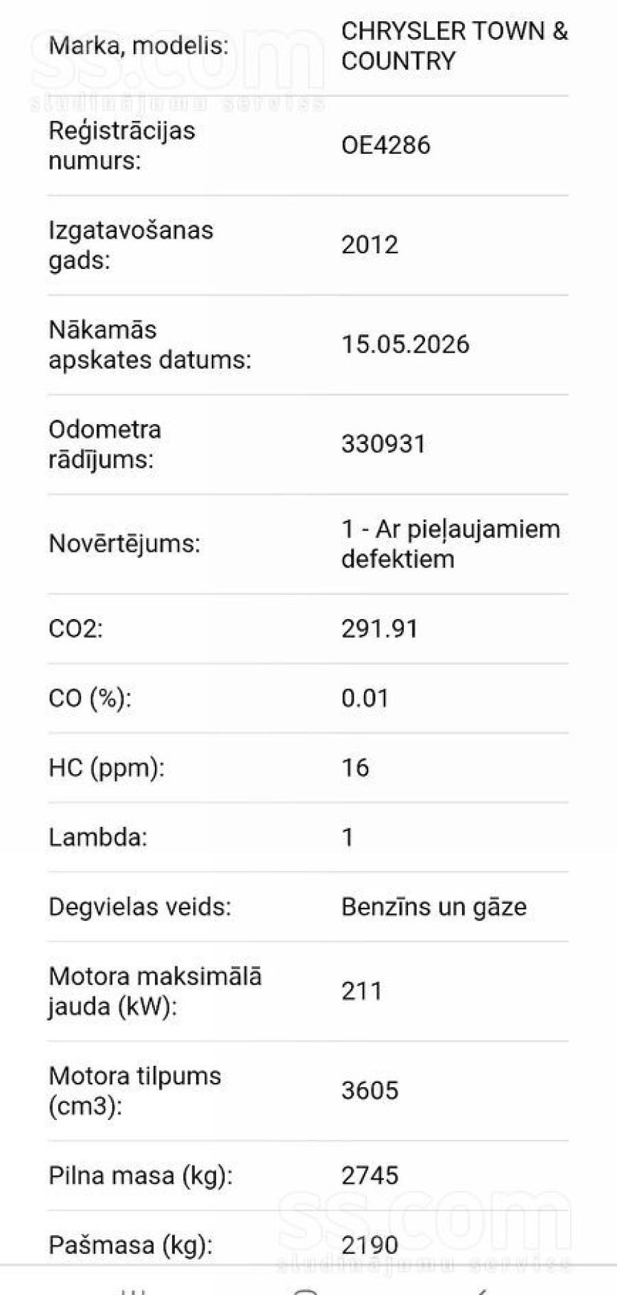 Chrysler town-&-country 2012 in Riga, with an engine capacity of 3.60 L and mileage of 331 thousand km for 5100 €, photo 34 on AUTOMOTO.COM.LV