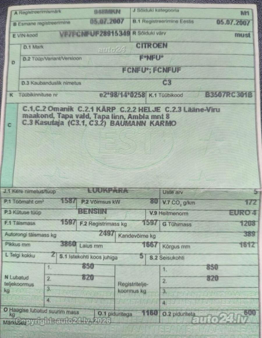 Черный Ситроен С3 2007 в Таллин, объемом двигателя 1.60 л и пробегом 154 тыс. км за 1100 €, фото 12 на AUTOMOTO.COM.LV