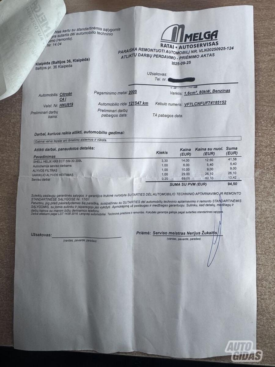 Citroen C4 2005 in Klaipeda, with an engine capacity of 1.60 L and mileage of 124 thousand km for 1550 €, photo 15 on AUTOMOTO.COM.LV