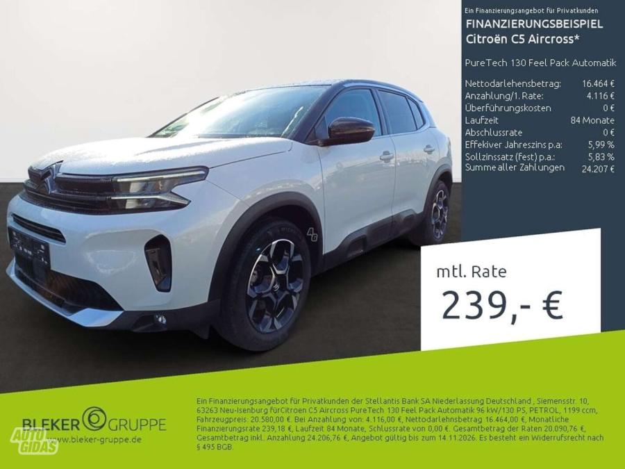 Balts Citroen C5 Aircross 2023 Kauņa, ar dzinēja tilpumu 1.20 L un nobraukumu 10 tūkst. km par 22997 €, foto 1 vietnē AUTOMOTO.COM.LV