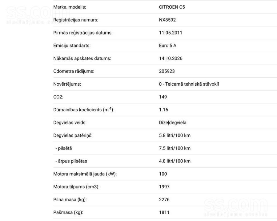 Grey Citroen C5 2011 in Riga, with an engine capacity of 2.00 L and mileage of 0 thousand km for 2990 €, photo 19 on AUTOMOTO.COM.LV