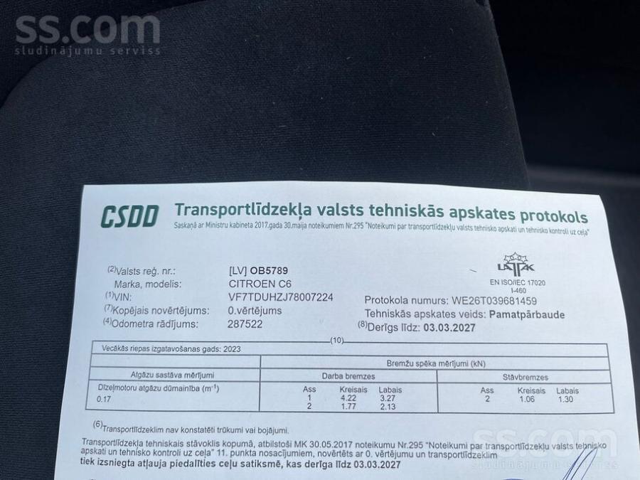 Citroen C6 2007 Kuldīga, ar dzinēja tilpumu 2.70 L un nobraukumu 288 tūkst. km par 3790 €, foto 26 vietnē AUTOMOTO.COM.LV