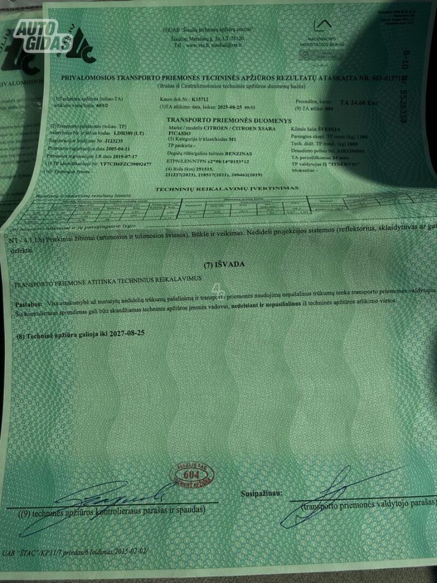 Ситроен Ксара Пикассо 2005 в Шяуляй, объемом двигателя 1.60 л и пробегом 250 тыс. км за 490 €, фото 8 на AUTOMOTO.COM.LV