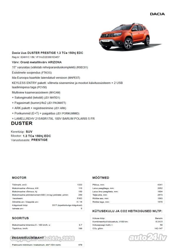 Orange Dacia Duster 2021 in Tallinn, with an engine capacity of 1.30 L and mileage of 42 thousand km for 14999 €, photo 7 on AUTOMOTO.COM.LV