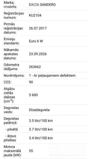 Синий Дачия Сандеро 2017 в Елгава, объемом двигателя 1.50 л и пробегом 269 тыс. км за 2950 €, фото 14 на AUTOMOTO.COM.LV