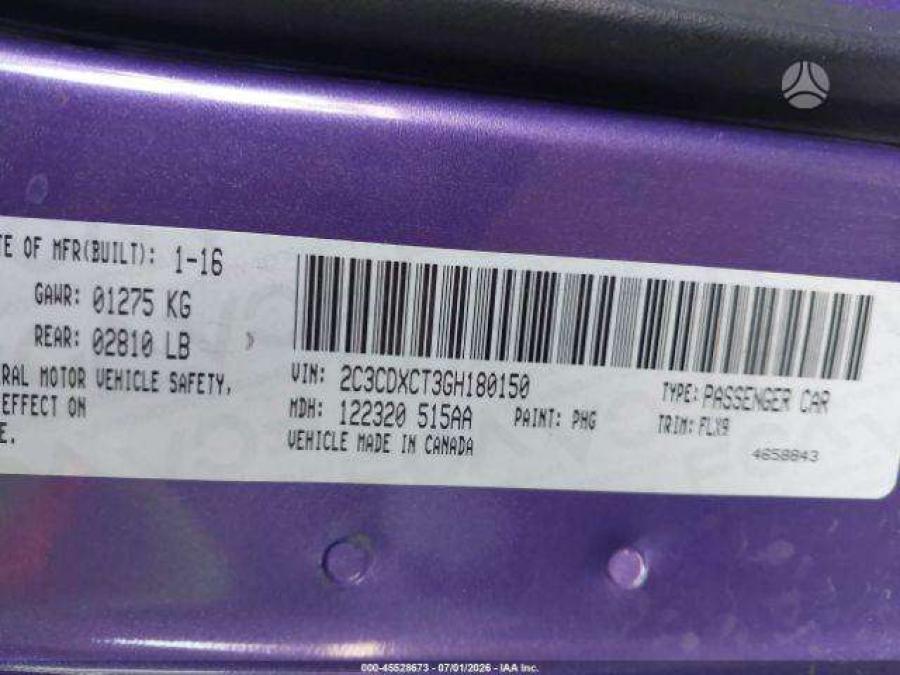 Violet Dodge Charger 2016 in Klaipeda, with an engine capacity of 5.70 L and mileage of 239 thousand km for 6500 €, photo 10 on AUTOMOTO.COM.LV