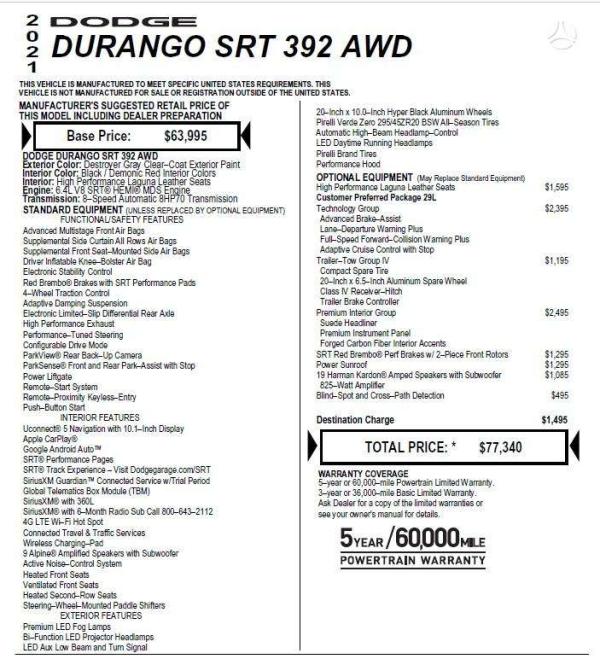 Pelēks Dodge Durango 2021 Viļņa, ar dzinēja tilpumu 6.42 L un nobraukumu 68 tūkst. km par 48000 €, foto 11 vietnē AUTOMOTO.COM.LV