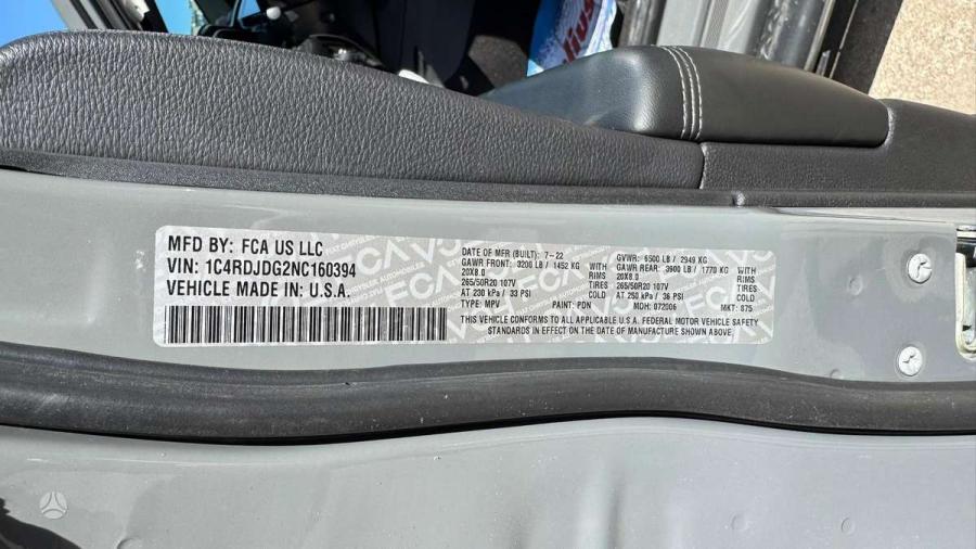Grey Dodge Durango 2022 in Ukmerge, with an engine capacity of 3.60 L and mileage of 22 thousand km for 16999 €, photo 20 on AUTOMOTO.COM.LV