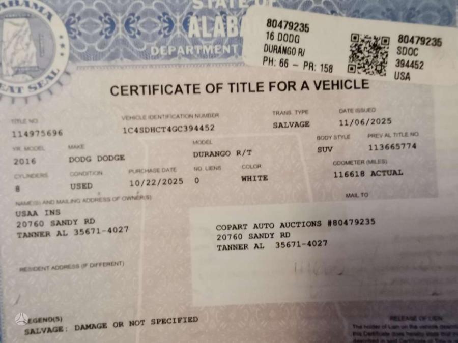 White Dodge Durango 2016 in Siauliai, with an engine capacity of 5.70 L and mileage of 187 thousand km for 16999 €, photo 35 on AUTOMOTO.COM.LV