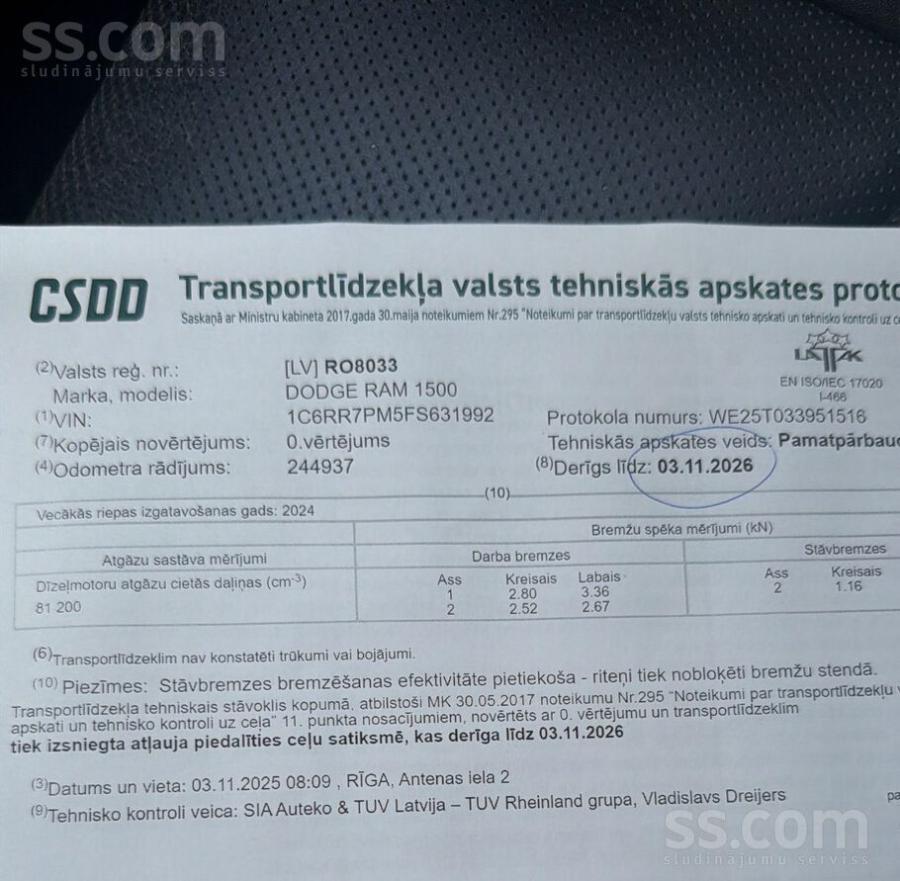Black Dodge RAM 2015 in Riga, with an engine capacity of 3.00 L and mileage of 246 thousand km for 23900 €, photo 25 on AUTOMOTO.COM.LV