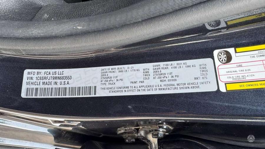 Blue Dodge RAM 2021 in Ukmerge, with an engine capacity of 5.70 L and mileage of 70 thousand km for 18990 €, photo 19 on AUTOMOTO.COM.LV