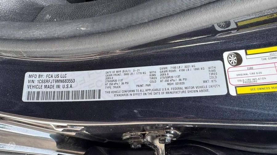 Blue Dodge RAM 2021 in Ukmerge, with an engine capacity of 5.70 L and mileage of 70 thousand km for 22499 €, photo 19 on AUTOMOTO.COM.LV