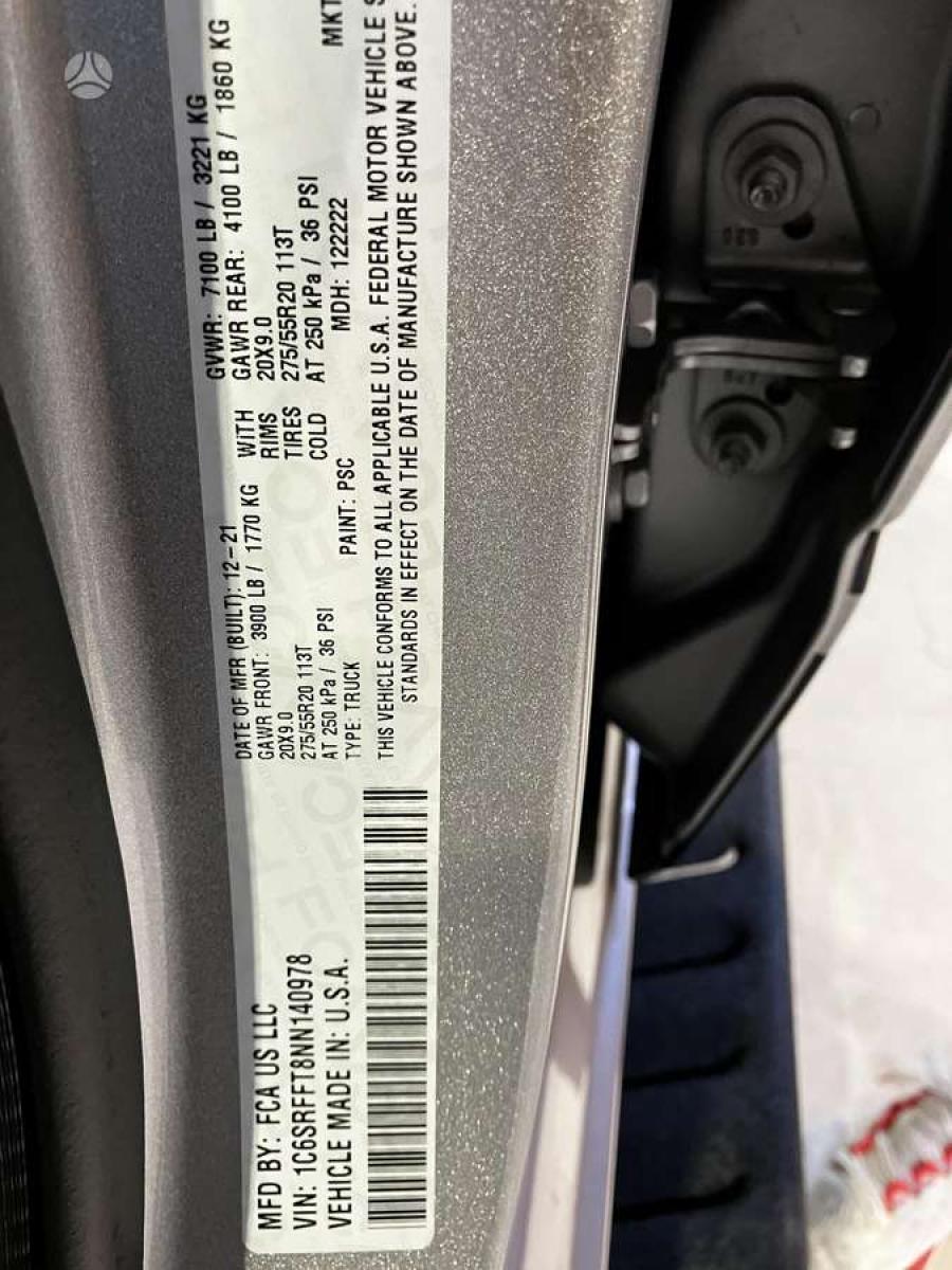 Pelēks Dodge RAM 2022 Klaipėda, ar dzinēja tilpumu 5.70 L un nobraukumu 89 tūkst. km par 41745 €, foto 29 vietnē AUTOMOTO.COM.LV