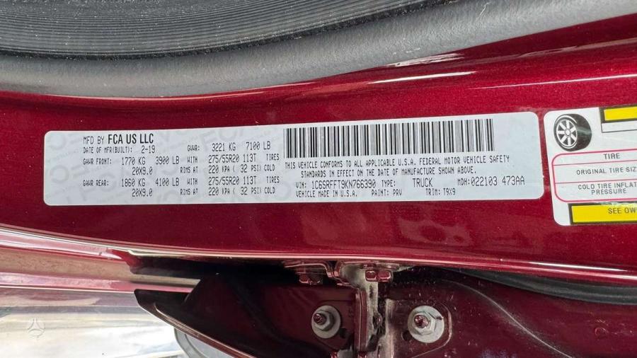 Sarkans Dodge RAM 2019 Ukmergė, ar dzinēja tilpumu 5.65 L un nobraukumu 54 tūkst. km par 19999 €, foto 18 vietnē AUTOMOTO.COM.LV