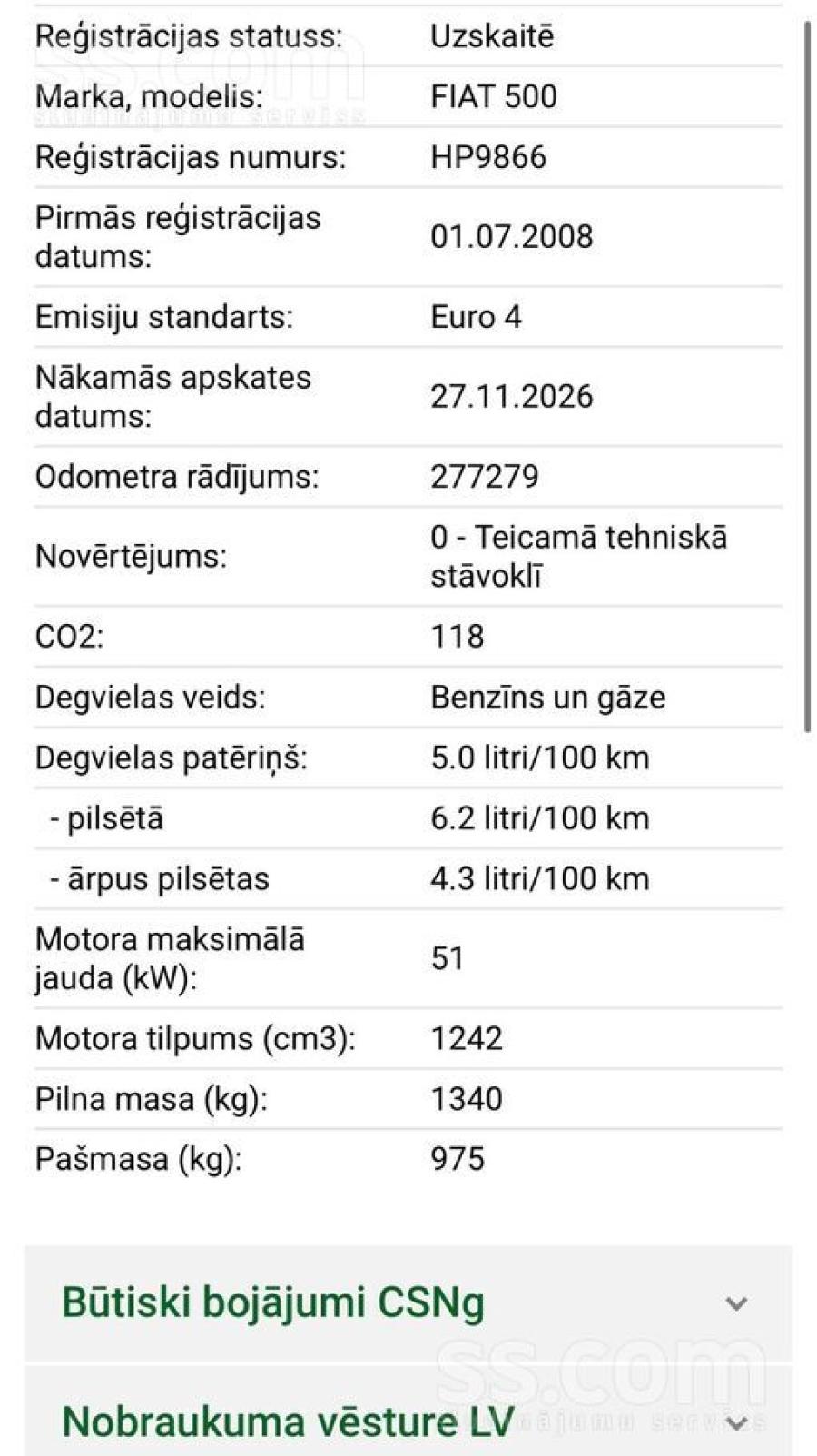 Red Fiat 500 2008 in Riga, with an engine capacity of 1.20 L and mileage of 279 thousand km for 4950 €, photo 21 on AUTOMOTO.COM.LV