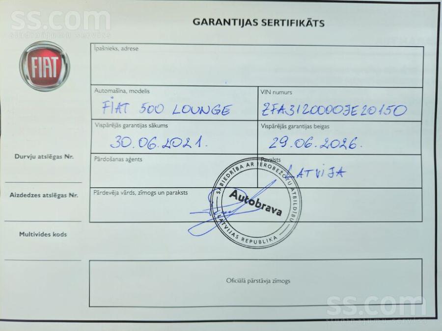 Violet Fiat 500 2021 in Riga, with an engine capacity of 1.20 L and mileage of 45 thousand km for 8590 €, photo 27 on AUTOMOTO.COM.LV