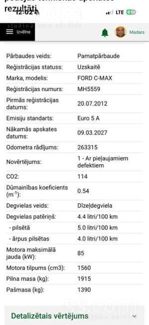 Black Ford C-Max 2012 in Talsi, with an engine capacity of 1.60 L and mileage of 264 thousand km for 4250 €, photo 19 on AUTOMOTO.COM.LV