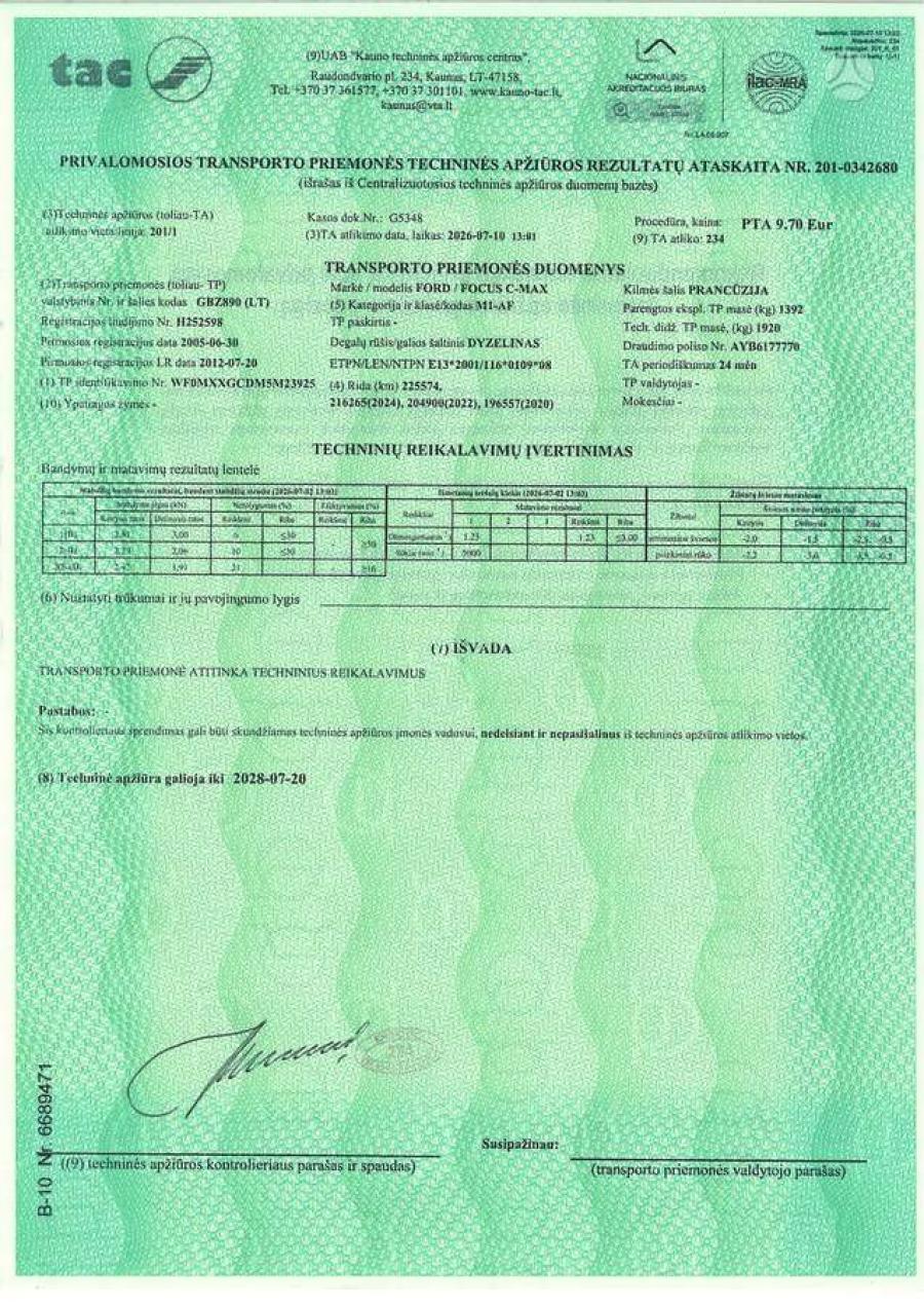 Blue Ford C-Max 2005 in Kaunas, with an engine capacity of 1.56 L and mileage of 226 thousand km for 1250 €, photo 14 on AUTOMOTO.COM.LV