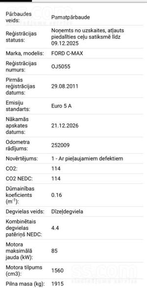 Blue Ford C-Max 2011 in Riga, with an engine capacity of 1.60 L and mileage of 250 thousand km for 5295 €, photo 20 on AUTOMOTO.COM.LV