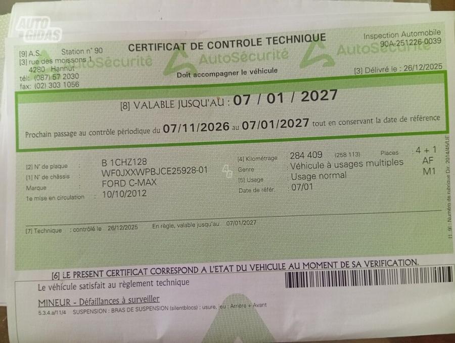 Ford C-Max 2012 in Vilnius, with an engine capacity of 1.60 L and mileage of 298 thousand km for 3450 €, photo 15 on AUTOMOTO.COM.LV