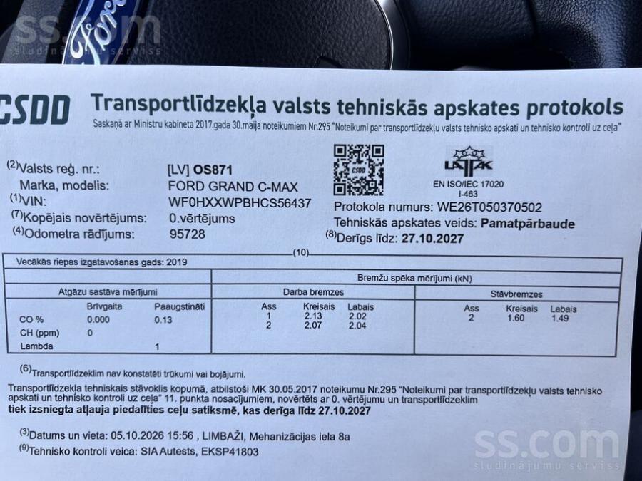 Ford C-Max 2012 Limbaži, ar dzinēja tilpumu 1.00 L un nobraukumu 96 tūkst. km par 4950 €, foto 24 vietnē AUTOMOTO.COM.LV