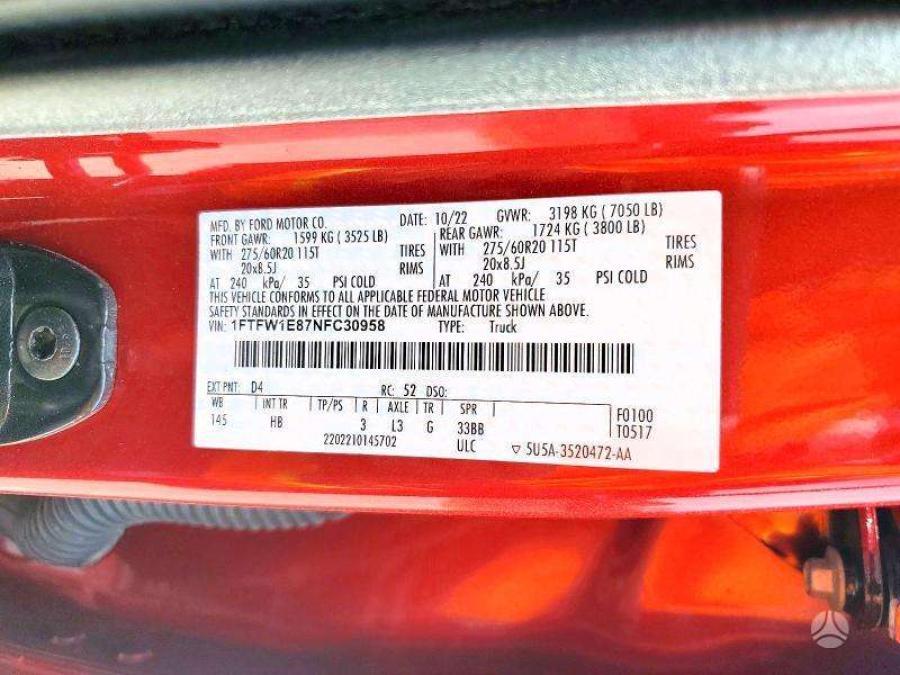 Red Ford F-150 2022 in Klaipeda, with an engine capacity of 3.50 L and mileage of 104 thousand km for 16200 €, photo 13 on AUTOMOTO.COM.LV