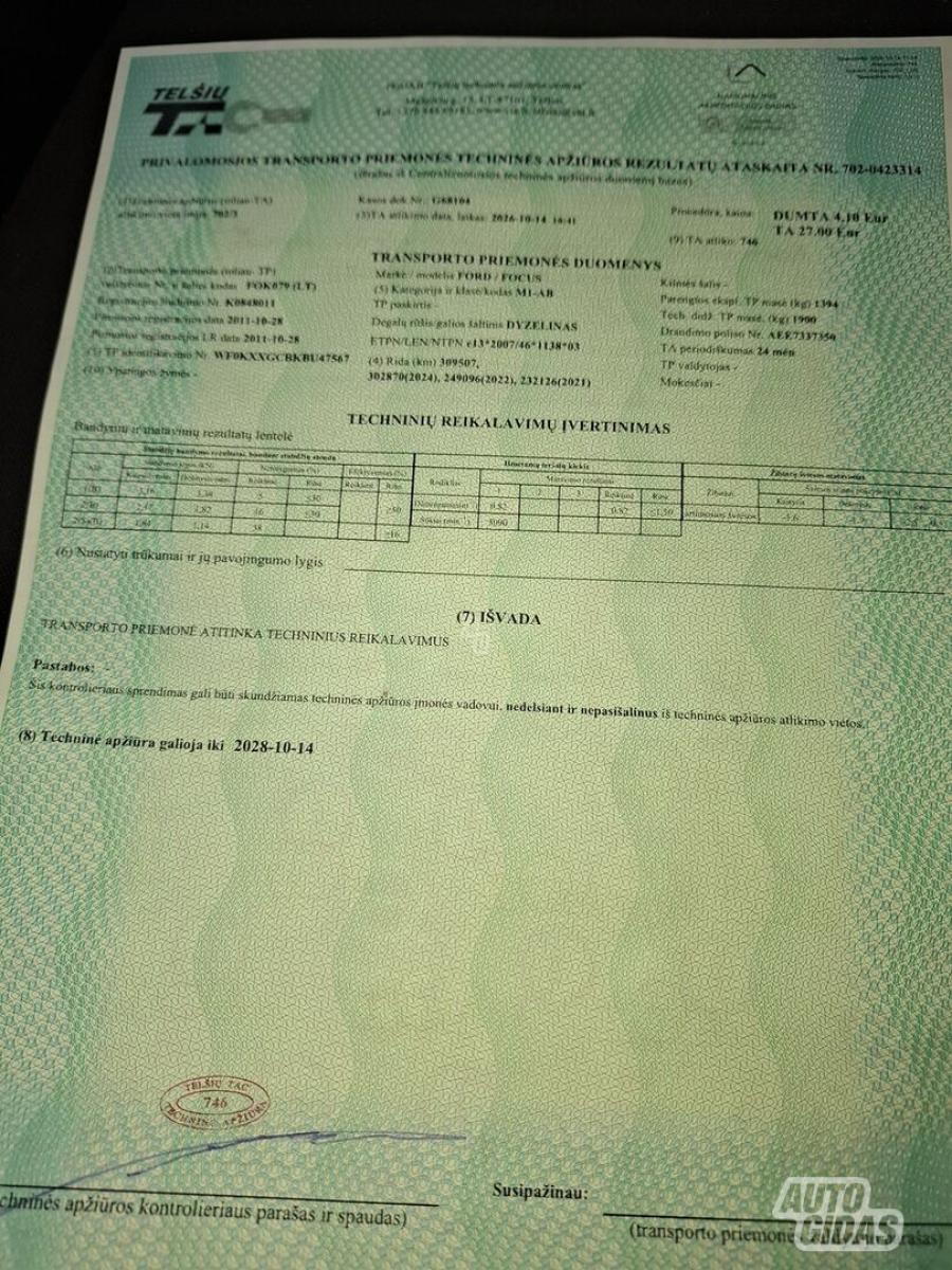 Форд Фокус 2011 в Тельшяй, объемом двигателя 1.60 л и пробегом 309 тыс. км за 1750 €, фото 11 на AUTOMOTO.COM.LV