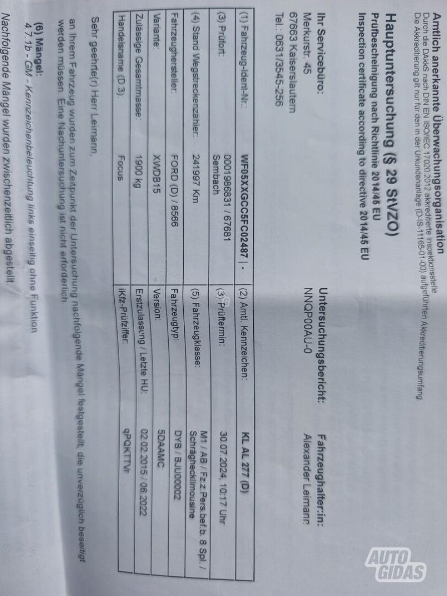 Ford Focus 2015 in Druskininkai, with an engine capacity of 1.50 L and mileage of 253 thousand km for 4650 €, photo 17 on AUTOMOTO.COM.LV