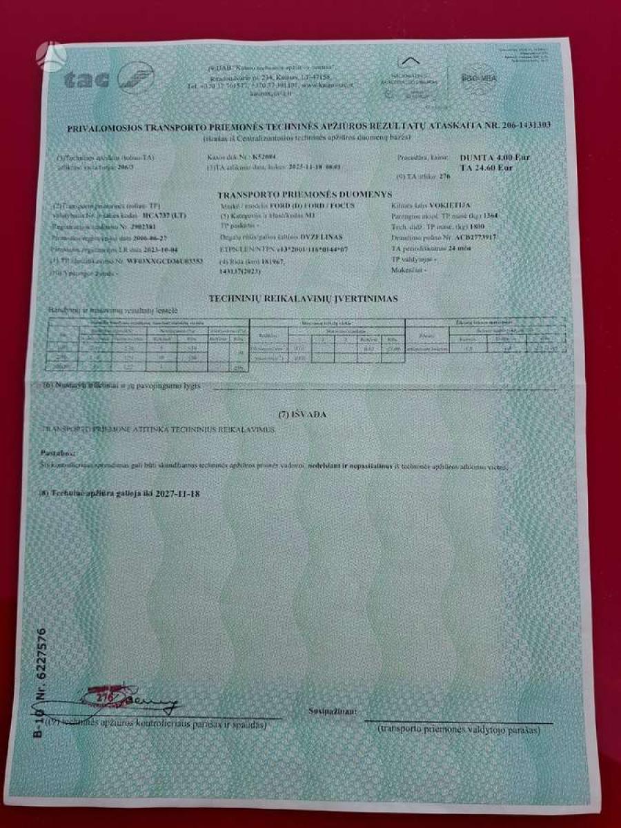 Red Ford Focus 2006 in Kaunas, with an engine capacity of 1.56 L and mileage of 184 thousand km for 875 €, photo 11 on AUTOMOTO.COM.LV