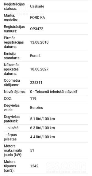 Zils Ford KA 2010 Rīga, ar dzinēja tilpumu 1.20 L un nobraukumu 225 tūkst. km par 3050 €, foto 14 vietnē AUTOMOTO.COM.LV