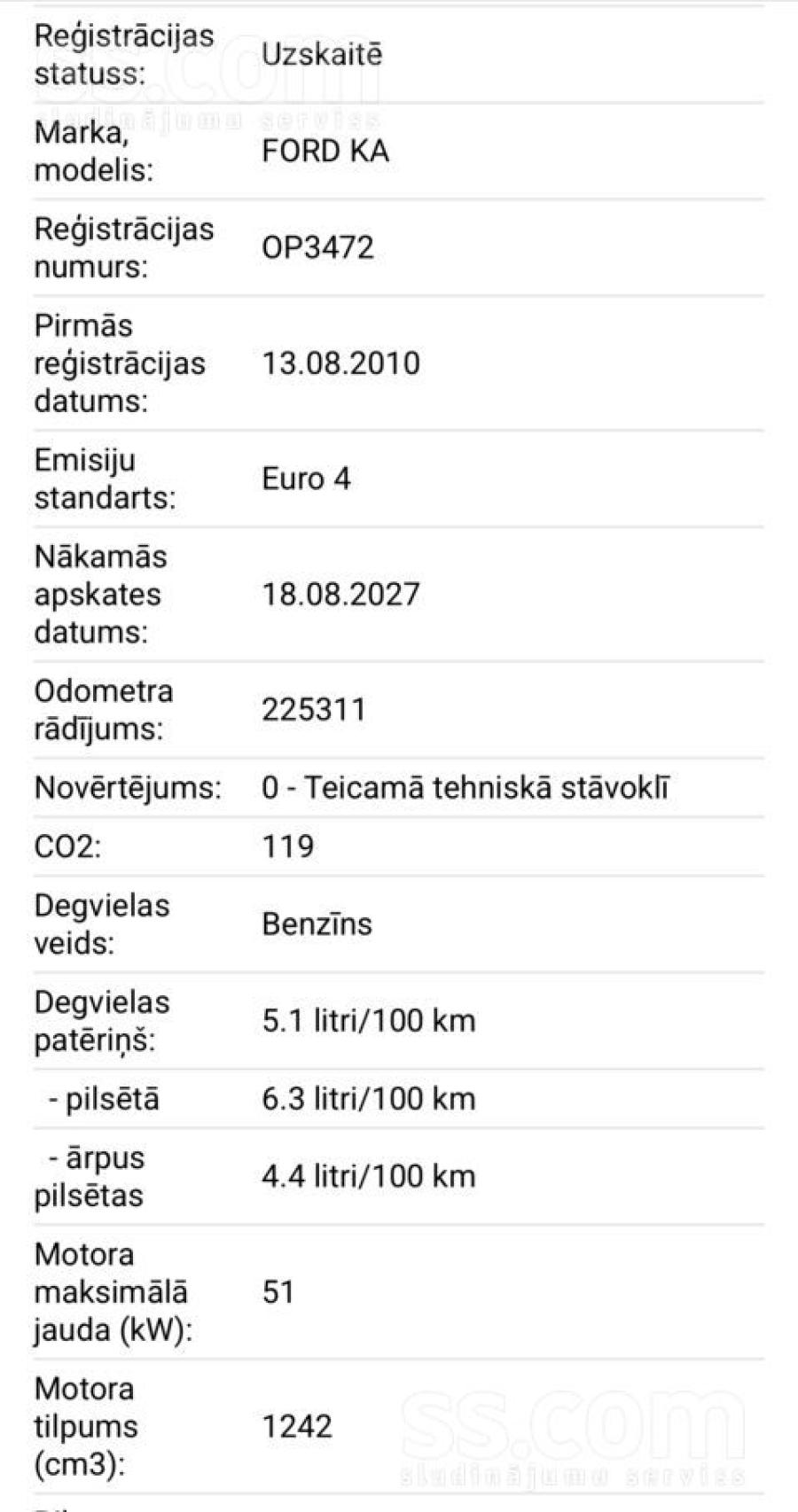 Zils Ford KA 2010 Rīga, ar dzinēja tilpumu 1.20 L un nobraukumu 225 tūkst. km par 3050 €, foto 14 vietnē AUTOMOTO.COM.LV