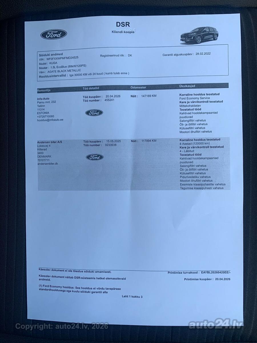 Black Ford Kuga 2022 in Tallinn, with an engine capacity of 1.50 L and mileage of 147 thousand km for 15900 €, photo 29 on AUTOMOTO.COM.LV