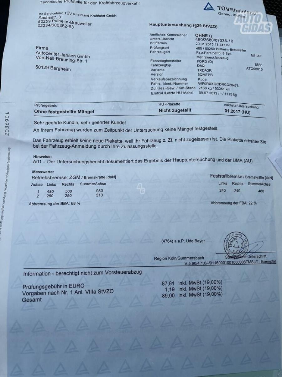 Серый Форд Куга 2012 в Вильнюс, объемом двигателя 2.00 л и пробегом 130 тыс. км за 5900 €, фото 23 на AUTOMOTO.COM.LV