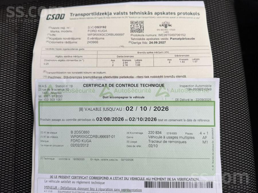 Grey Ford Kuga 2012 in Riga, with an engine capacity of 2.00 L and mileage of 244 thousand km for 6850 €, photo 19 on AUTOMOTO.COM.LV