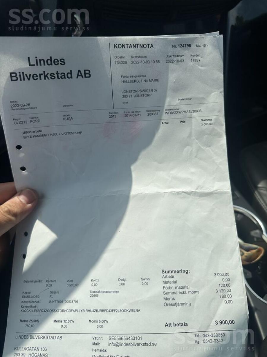 White Ford Kuga 2014 in Riga, with an engine capacity of 1.60 L and mileage of 280 thousand km for 5950 €, photo 15 on AUTOMOTO.COM.LV