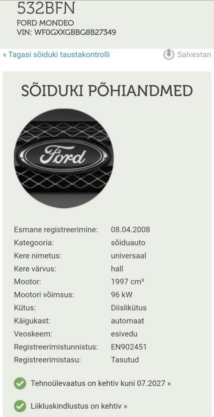 Grey Ford Mondeo 2008 in Tallinn, with an engine capacity of 2.00 L and mileage of 416 thousand km for 2500 €, photo 13 on AUTOMOTO.COM.LV