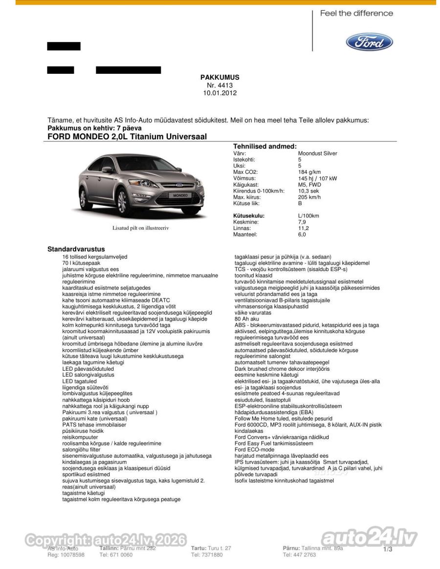White Ford Mondeo 2012 in Tartu, with an engine capacity of 2.00 L and mileage of 127 thousand km for 6600 €, photo 18 on AUTOMOTO.COM.LV