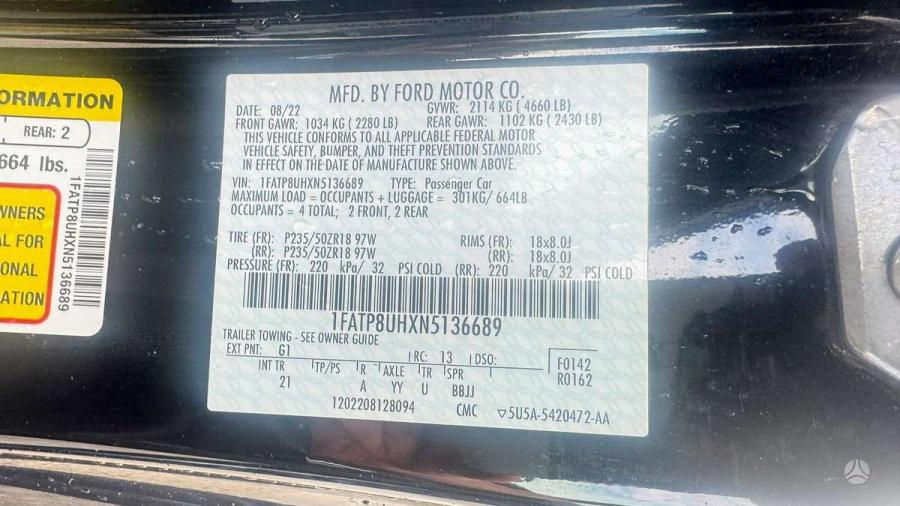 Melns Ford Mustang 2022 Ukmergė, ar dzinēja tilpumu 2.25 L un nobraukumu 42 tūkst. km par 10299 €, foto 18 vietnē AUTOMOTO.COM.LV