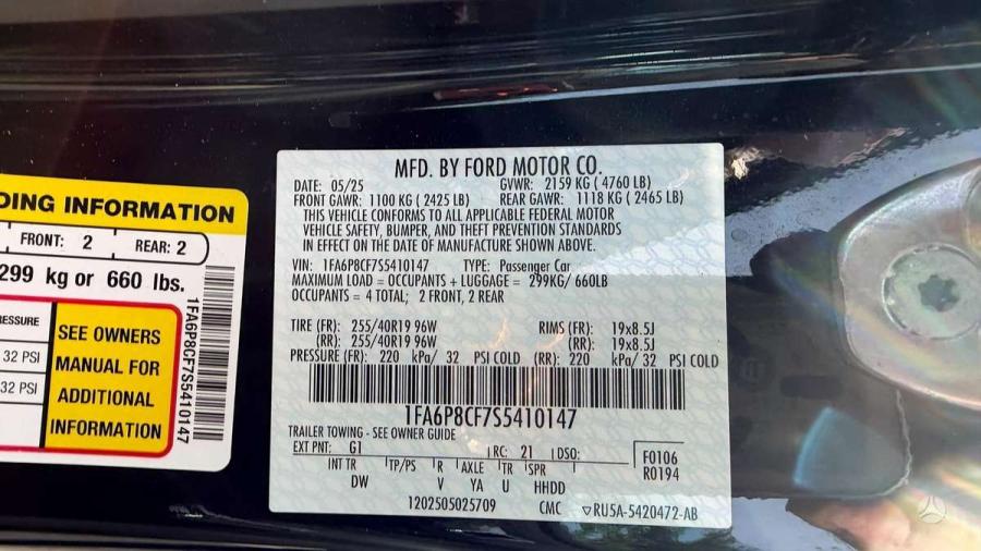 Black Ford Mustang 2025 in Ukmerge, with an engine capacity of 5.04 L and mileage of 22 thousand km for 20999 €, photo 18 on AUTOMOTO.COM.LV