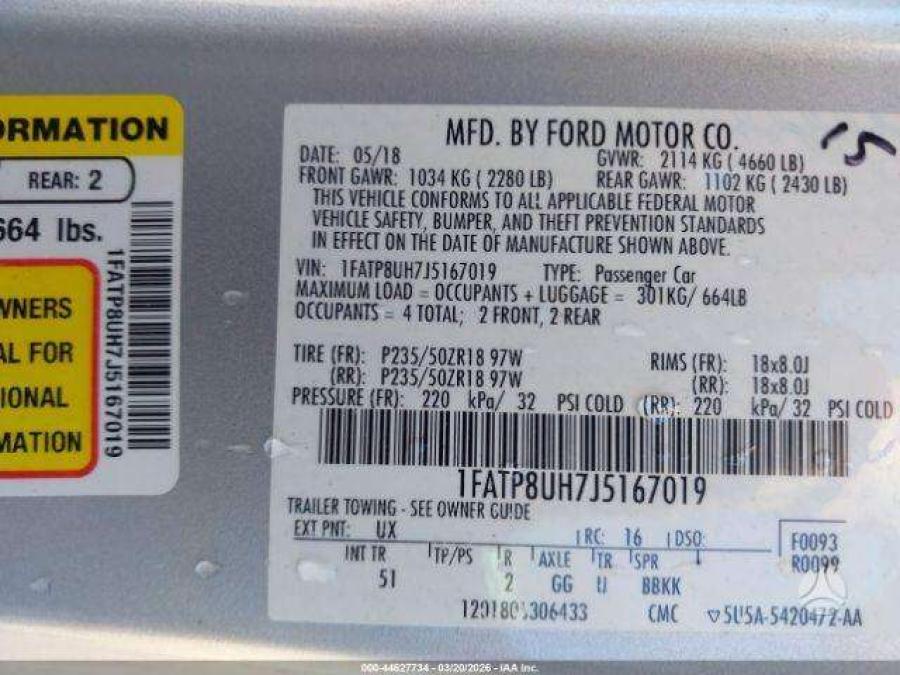 Grey Ford Mustang 2018 in Klaipeda, with an engine capacity of 2.30 L and mileage of 142 thousand km for 7100 €, photo 10 on AUTOMOTO.COM.LV