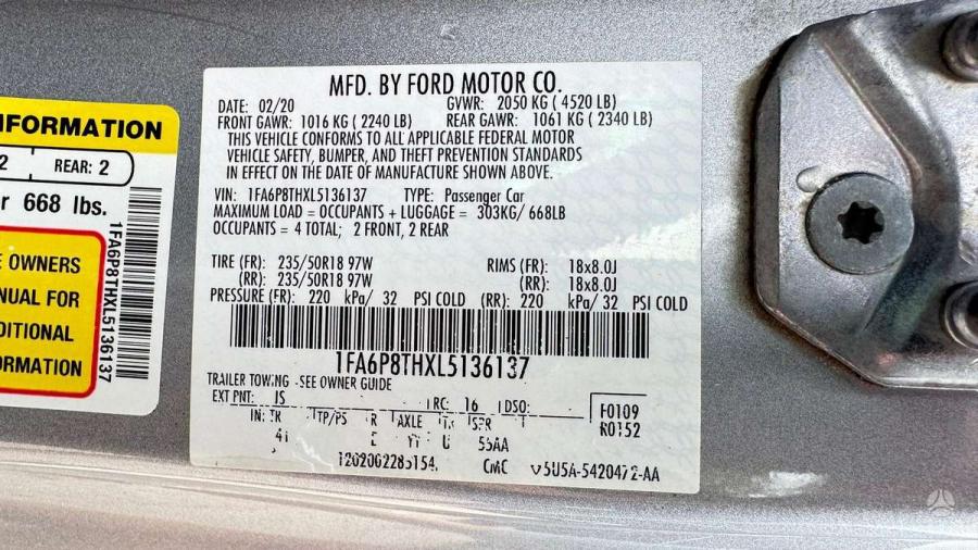 Pelēks Ford Mustang 2020 Ukmergė, ar dzinēja tilpumu 2.25 L un nobraukumu 94 tūkst. km par 10999 €, foto 16 vietnē AUTOMOTO.COM.LV