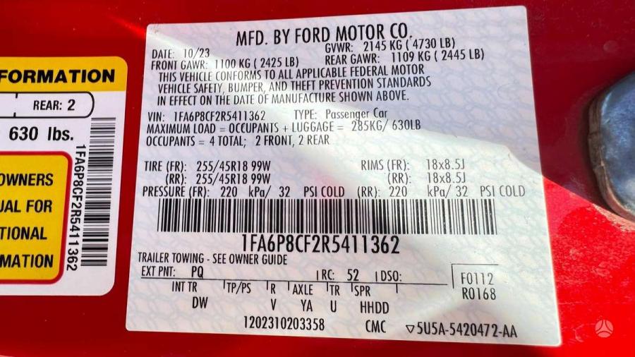 Red Ford Mustang 2024 in Ukmerge, with an engine capacity of 5.04 L and mileage of 62 thousand km for 23999 €, photo 17 on AUTOMOTO.COM.LV