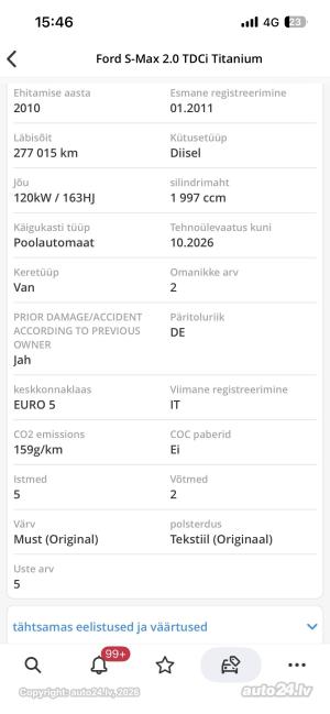 Black Ford S-Max 2011 in Tallinn, with an engine capacity of 2.00 L and mileage of 277 thousand km for 4099 €, photo 13 on AUTOMOTO.COM.LV