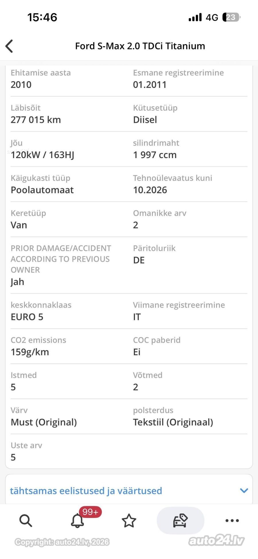 Black Ford S-Max 2011 in Tallinn, with an engine capacity of 2.00 L and mileage of 277 thousand km for 4099 €, photo 13 on AUTOMOTO.COM.LV