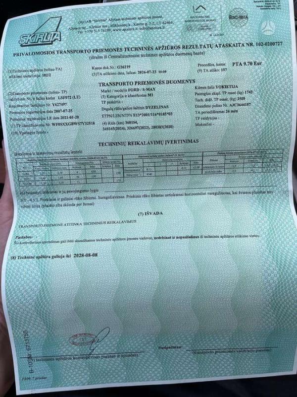 Blue Ford S-Max 2008 in Druskininkai, with an engine capacity of 2.00 L and mileage of 360 thousand km for 2100 €, photo 10 on AUTOMOTO.COM.LV