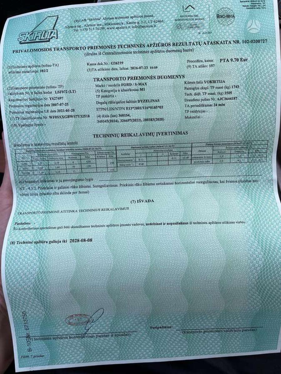 Blue Ford S-Max 2008 in Druskininkai, with an engine capacity of 2.00 L and mileage of 360 thousand km for 2100 €, photo 11 on AUTOMOTO.COM.LV