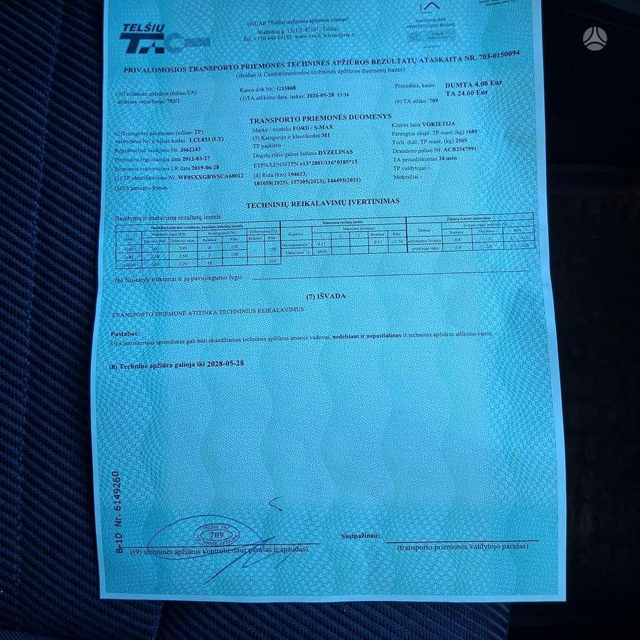 Blue Ford S-Max 2012 in Naujoji Akmene, with an engine capacity of 2.00 L and mileage of 195 thousand km for 6000 €, photo 4 on AUTOMOTO.COM.LV