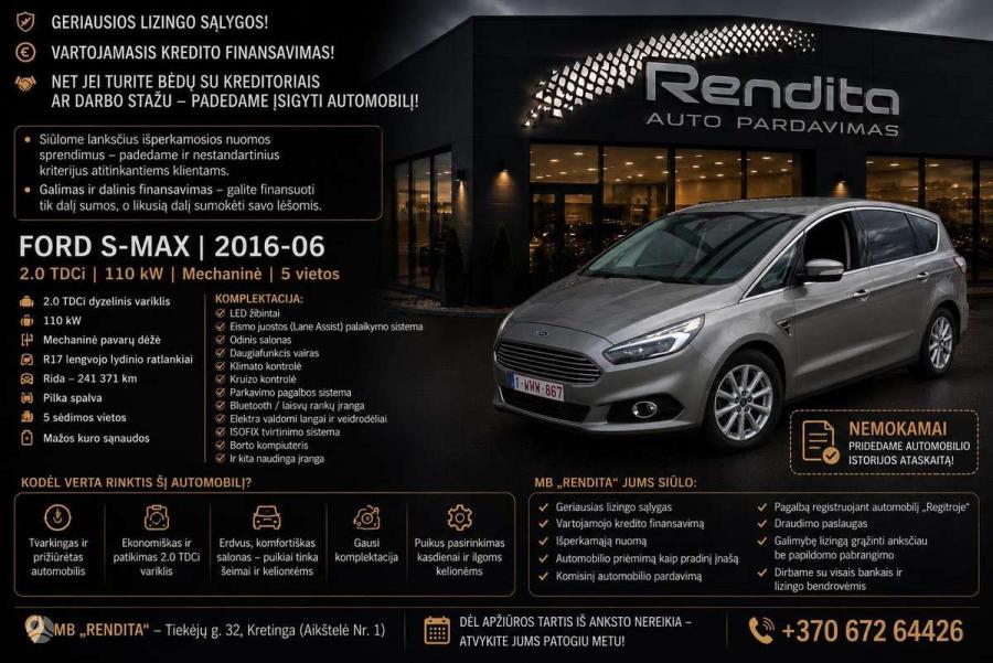 Grey Ford S-Max 2016 in Kretinga, with an engine capacity of 2.00 L and mileage of 241 thousand km for 9999 €, photo 41 on AUTOMOTO.COM.LV