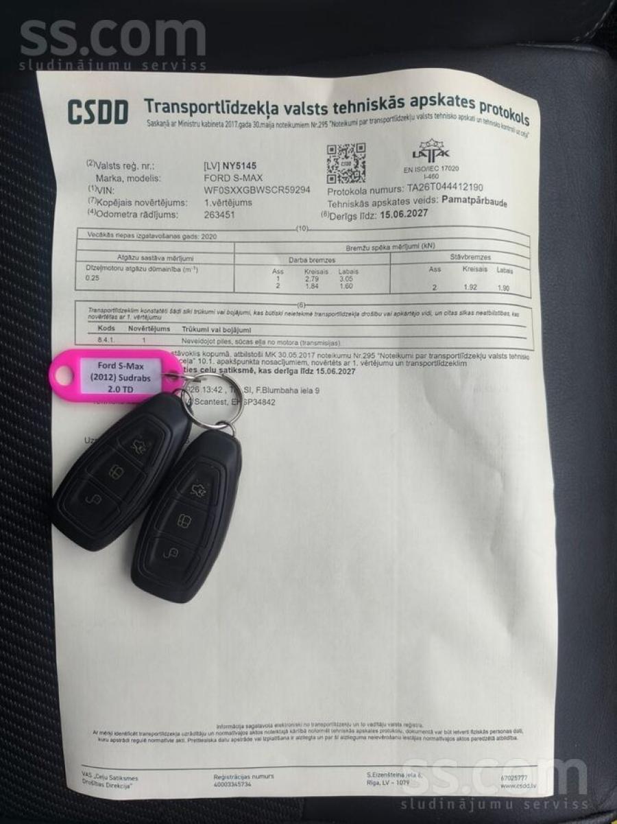 Ford S-Max 2012 Talsi, ar dzinēja tilpumu 2.00 L un nobraukumu 263 tūkst. km par 4900 €, foto 19 vietnē AUTOMOTO.COM.LV
